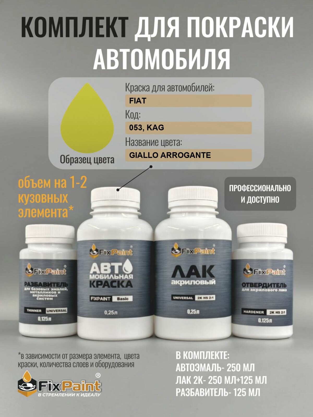 Комплект для покраски FIAT, код 053, KAG, GIALLO ARROGANTE, базовая автомобильная эмаль 250 мл, лак 2K 250 мл с отвердителем, разбавитель 125 мл, FixPaint Pro