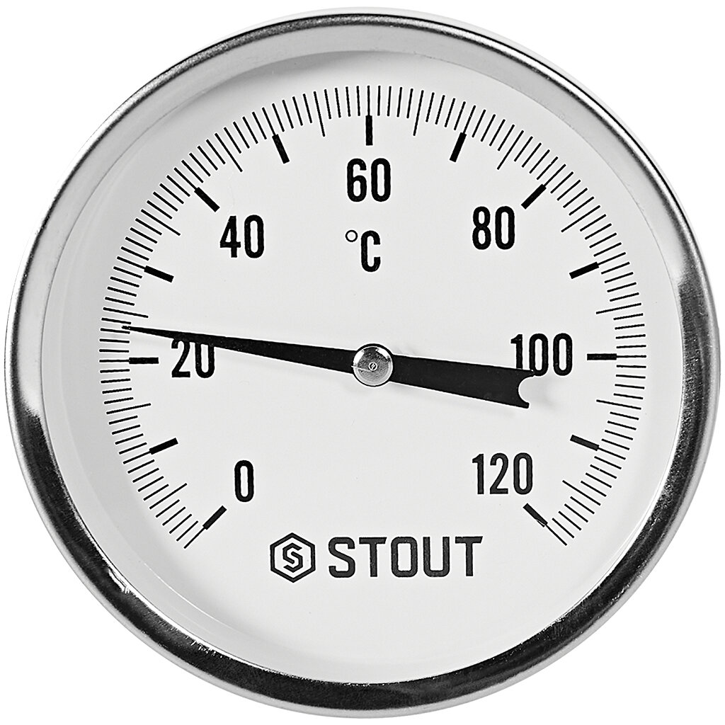 Термометр биметаллический осевой с гильзой d = 80 мм, гильза 75 мм, 1/2", 0.120 °С STOUT