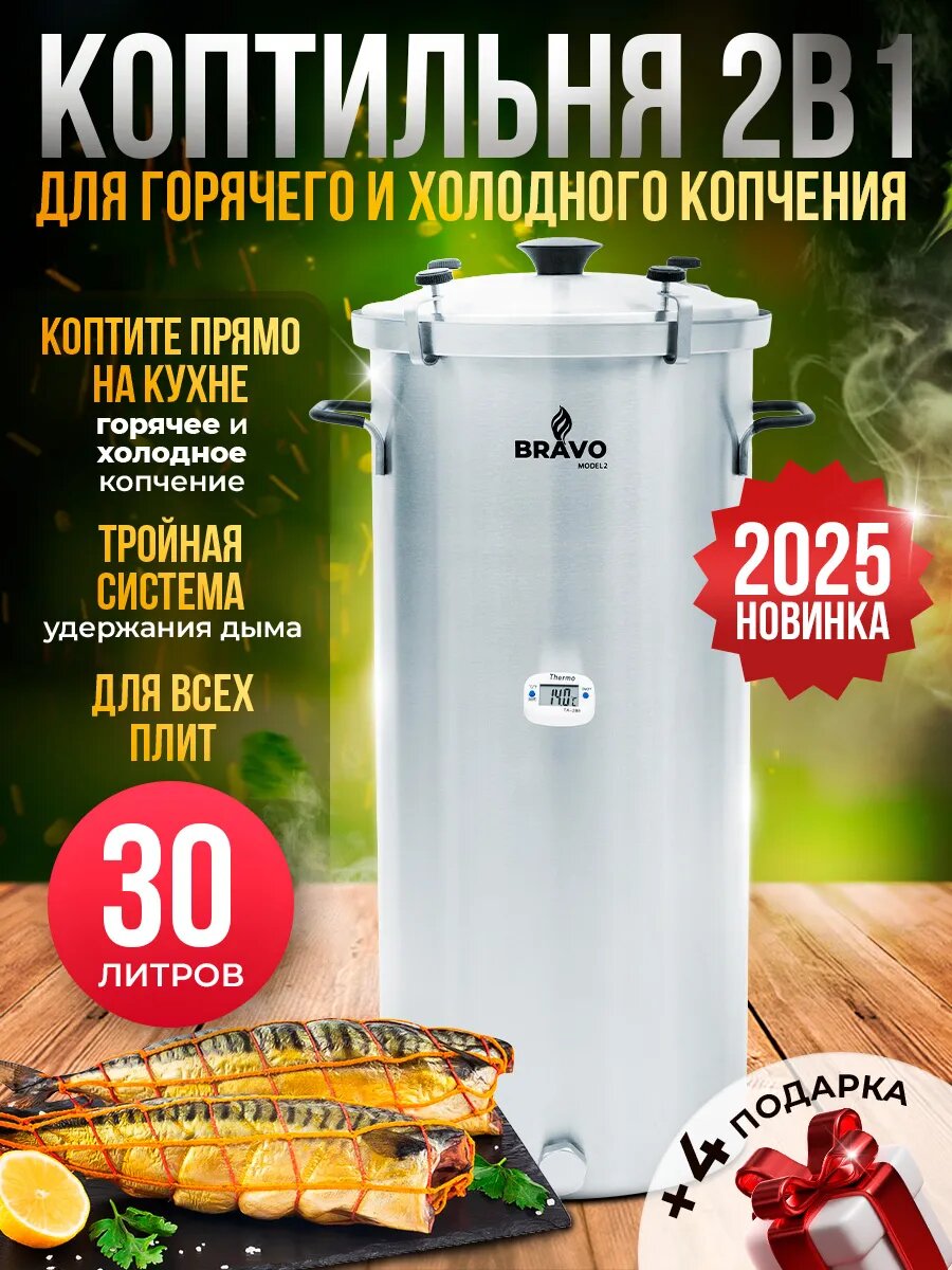 Коптильня горячего и холодного копчения Helicon Bravo 2, 30 л, для всех видов плит, нержавеющая сталь