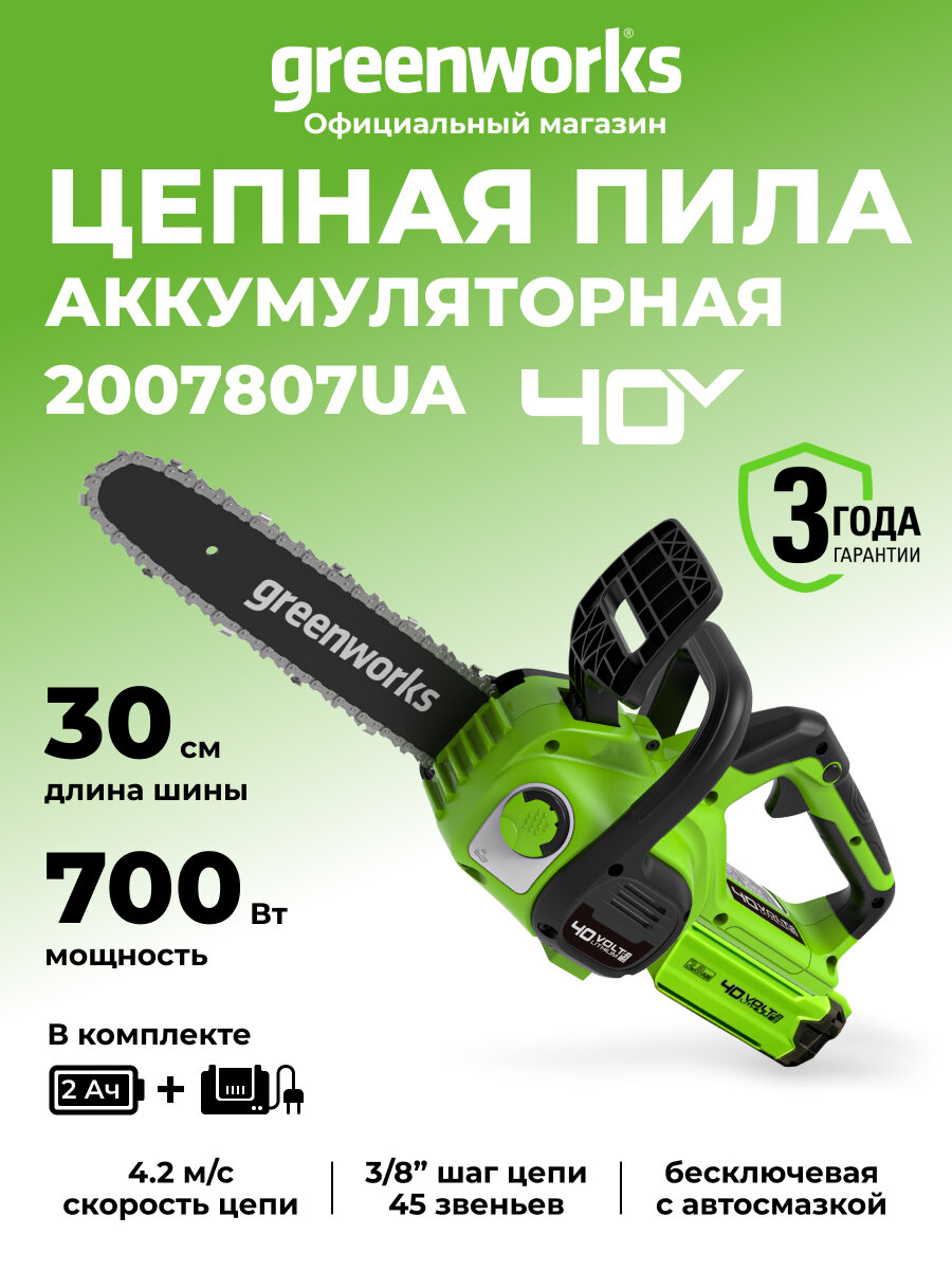 Цепная пила аккумуляторная Greenworks 40V, 30 см, АКБ 2Ач и ЗУ