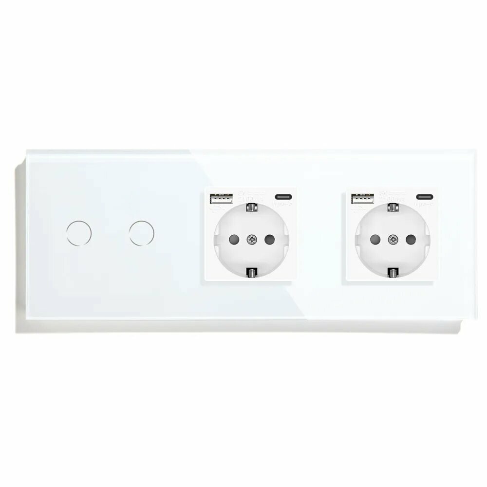 Сенсорный выключатель с двумя розетками с USB и type-C ,2 клавиша 2 розетки, панель стекло Белая,228mm