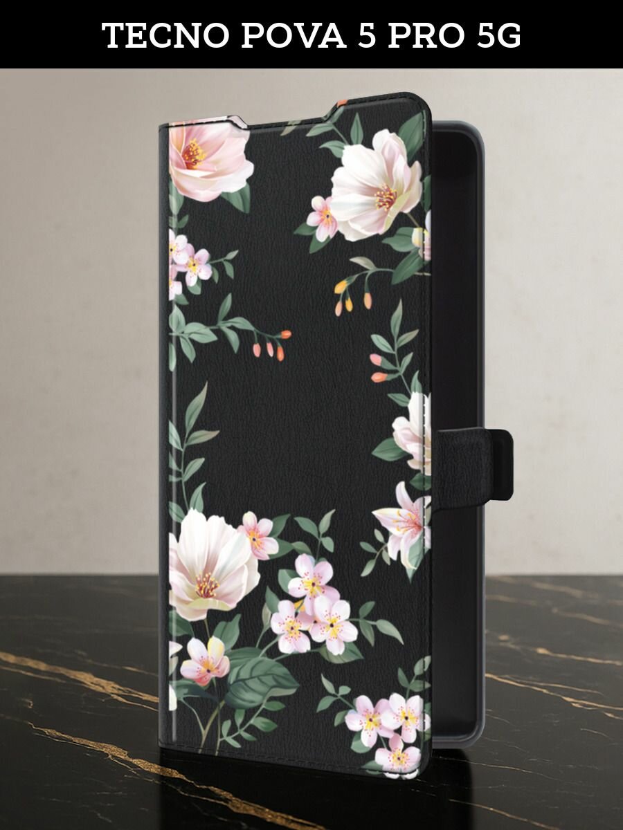 Чехол-книжка на Tecno Pova 5 Pro 5G (Текно Пова 5 Про 5G) с картой и принтом "Beautiful white flowers"