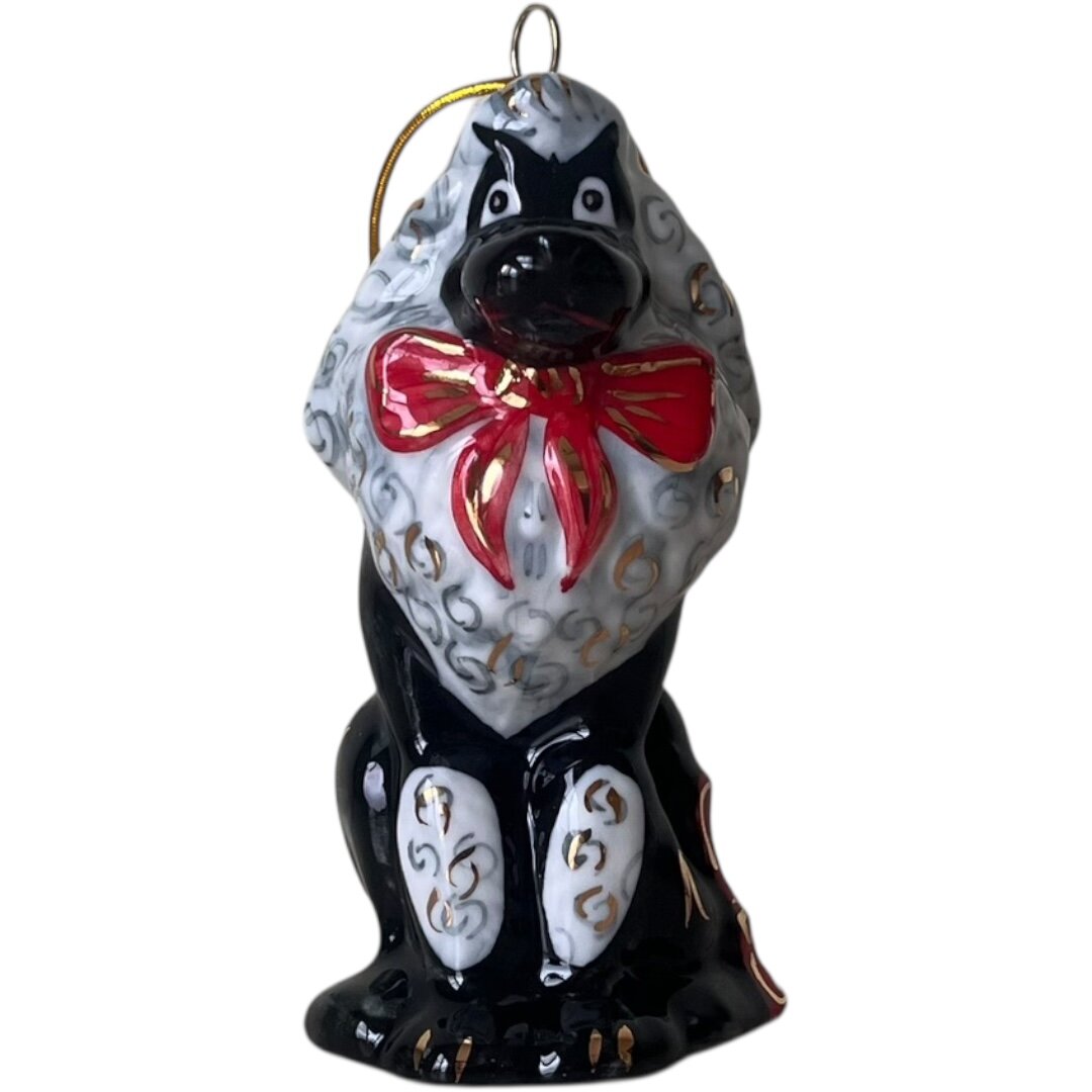 Елочная игрушка серия Буратино "Артемон" с золотом. Лефортовский фарфоровый завод. Елочная игрушка из фарфора на елку