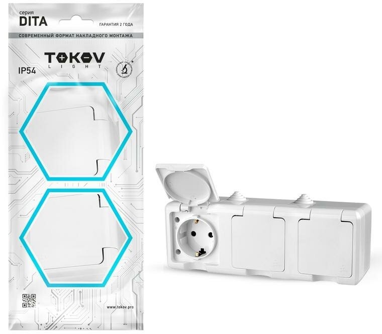 Розетка 3-м ОП Dita 16А IP54 250В с заземл. с крышкой бел. TOKOV ELECTRIC TKL-DT-R3Z-C01-IP54