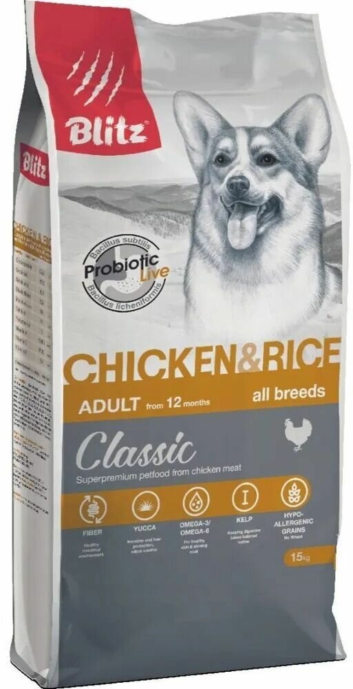 Blitz Classic Chicken & Rice Adult Dog All Breeds Блиц Classic с курицей и рисом сухой корм для собак всех пород 15 кг