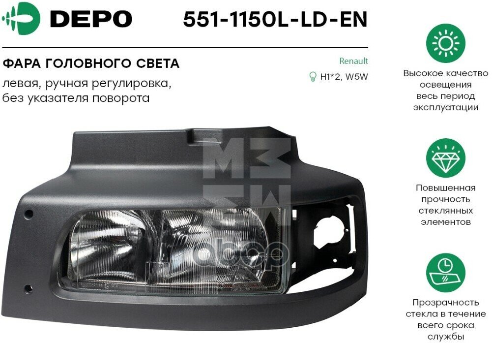 Фара ! лев. H1 с ручн. корректором без указателя поворота (551-1518L) RVI Midlum Depo арт. 5511150LLDEN