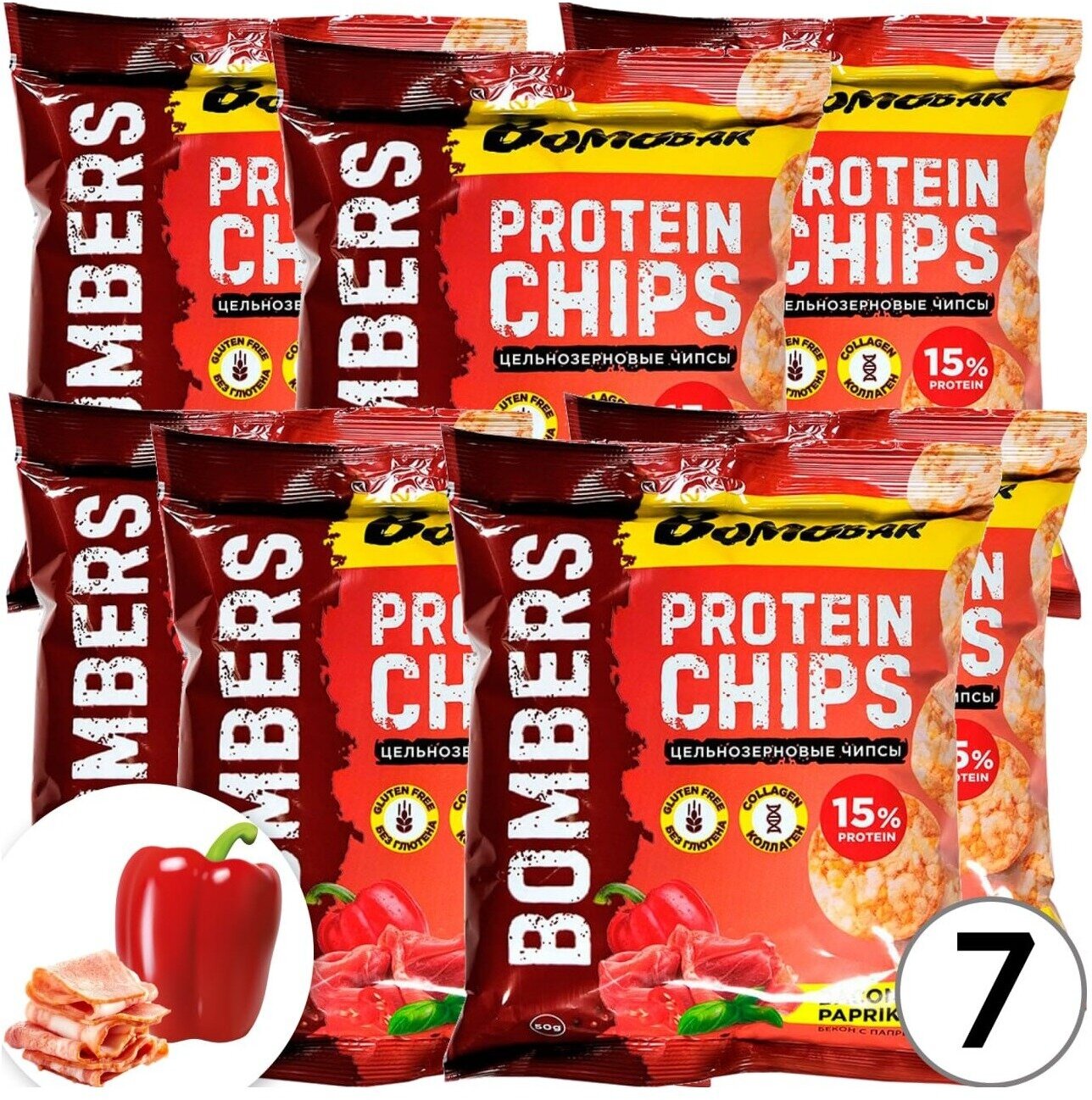 Чипсы BombBar Protein Chips 7 x 50 г, Бекон с паприкой