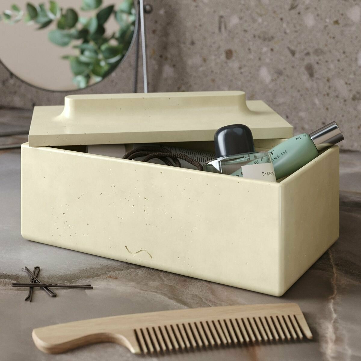 Контейнер для мелочей в ванную, органайзер для косметки Helen, 24 х 13 см, с крышкой, бетон, кремовый глянцевый