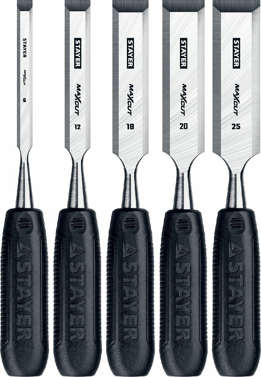 Набор стамесок STAYER Max-Cut 5 предметов ширина лезвия 6 12 16 20 25 мм сталь 65Mn рукоятка ABS-пластик для столярных работ