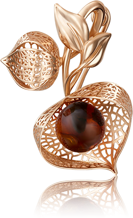 Брошь PLATINA, красное золото, 585 проба, янтарь