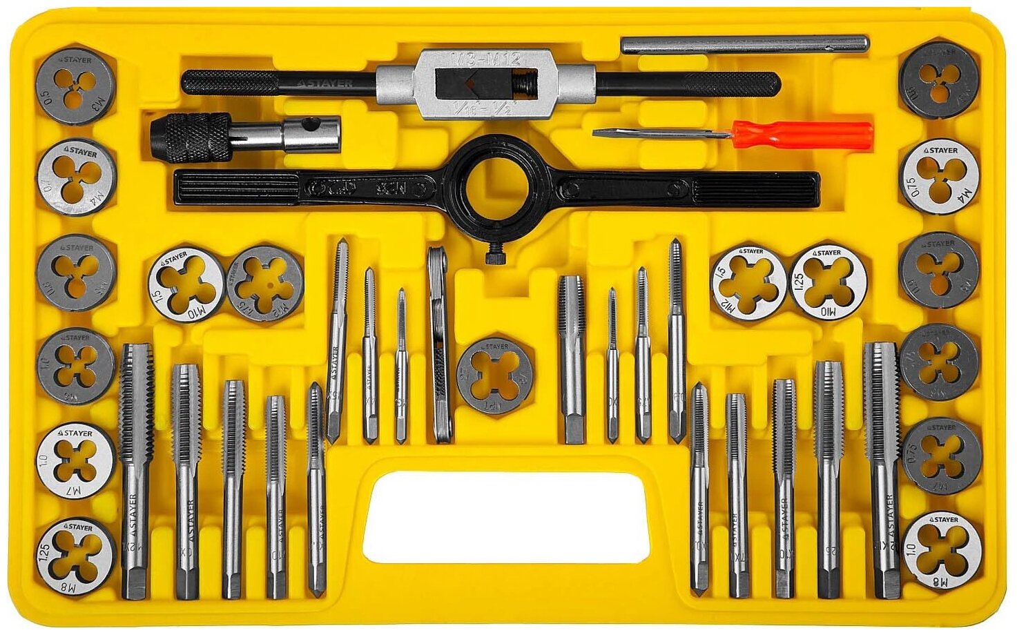 STAYER MaxCut 40 предметов, набор метчиков и плашек, инструментальная сталь