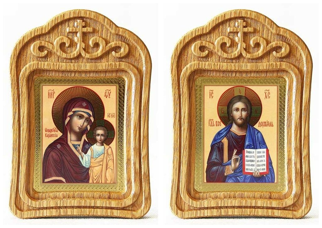 Венчальная пара "Спаситель-Казанская" (лики № 001-002), две иконы в резных деревянных рамках
