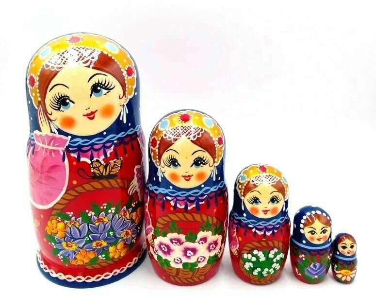 Матрешка деревянная 5 мест 18 см Красно-синяя, детская, авторская. Русский сувенир подарок ребенку на день рождения, новый год, 8 марта маме