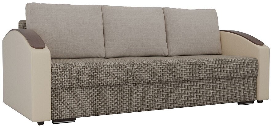 Прямой диван Монако Бежево-Коричневый 3 Рогожка Экокожа, еврокнижка, 230х100х85 см, с ящиком для белья