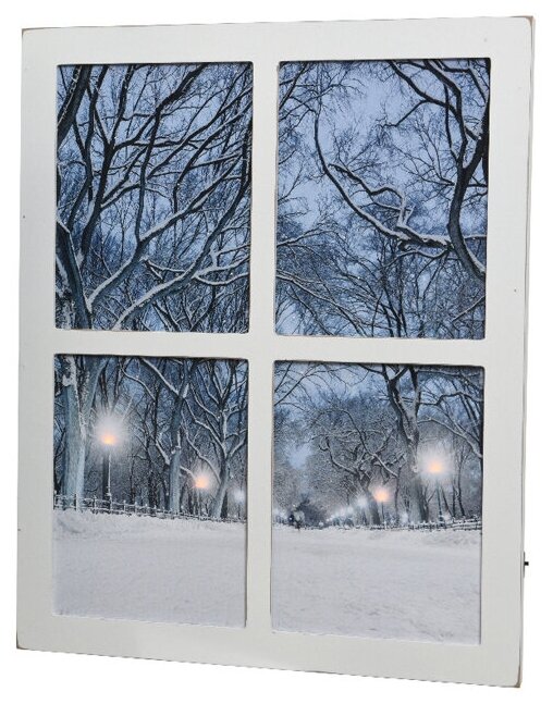 Светящаяся картина на дереве Окошко на Снежную аллею 37*50 см с оптоволоконной и LED подсветкой, на батарейках, Kaemingk, 483100-2