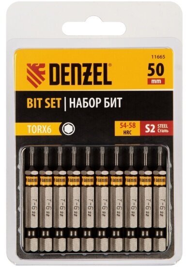 Бита Denzel TX 6х50, сталь S2, шестигранный профиль, 10 шт. Е 6,3, 11665
