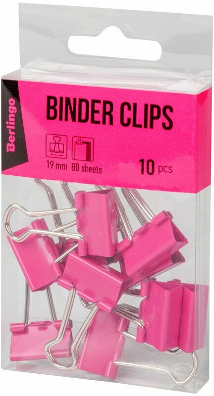Зажимы для бумаг 19мм, Berlingo, 10шт, цветные, ПВХ упак, европодвес, розовые, 301708