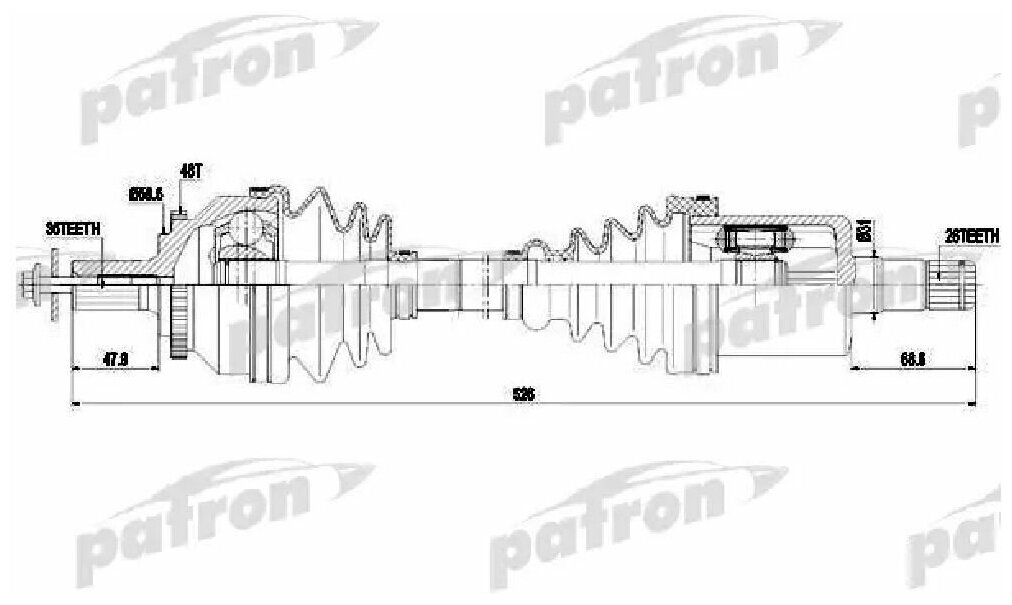PATRON PDS0420 (9480544) полуось передняя левая 36x525x26 abs: 48t volvo: s60 2.0 t / 2.3 t5 / 2.4 d / 2.4 d5 / 2.4 t / 2.4 t awd