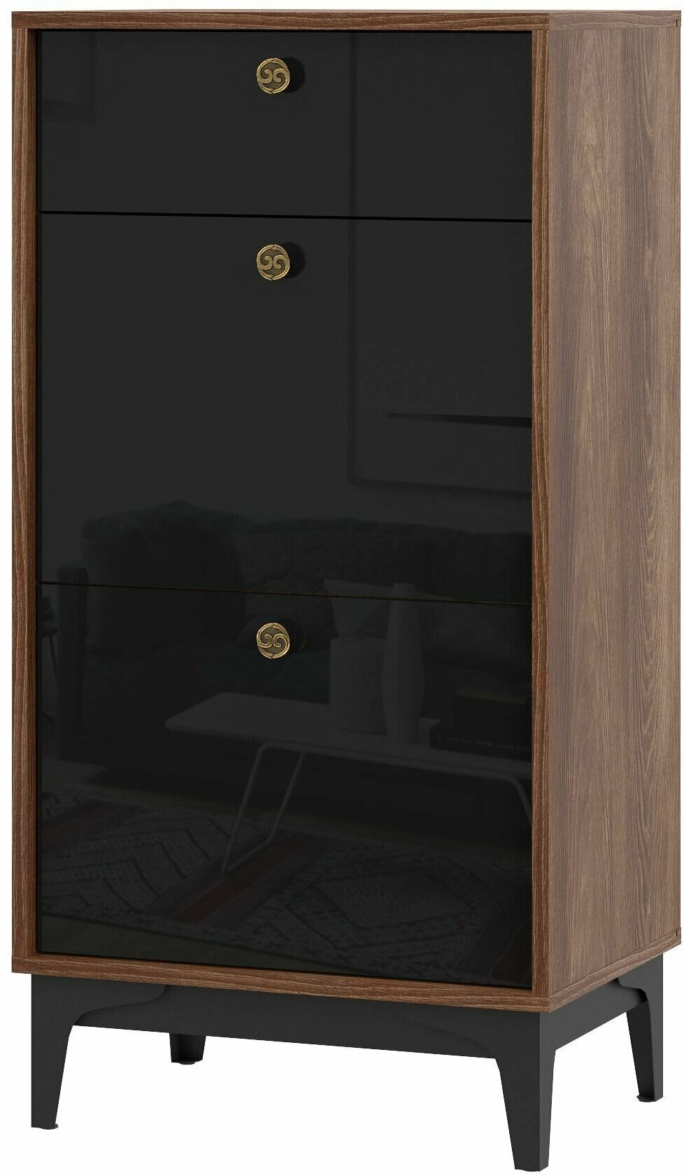 Комод BRASS KM-4 деревянный, тумба с распашной дерцей и выдвижным ящиком, Черный глянец, (ШхГхВ) 538x390x1070 мм