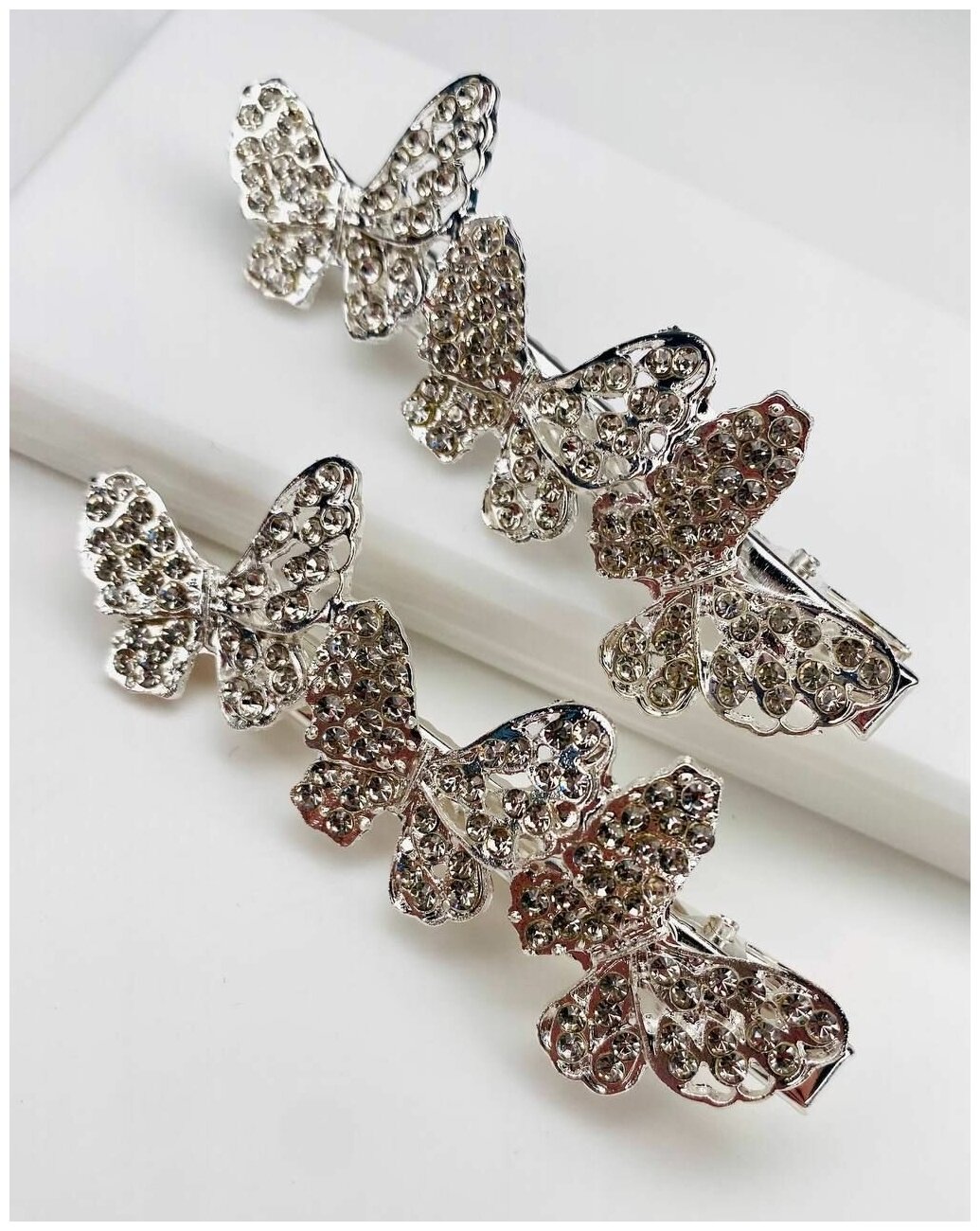 Заколка для волос детская, женская, комплект заколок для волос с бабочками, заколки декоративные бабочки с камнями, серебристые, 2шт