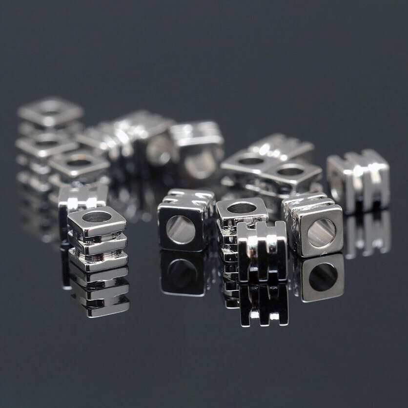 Бусина металлическая, 3мм, Корея, кубик с полосками, базовый материал - латунь, под родий, 5 шт.