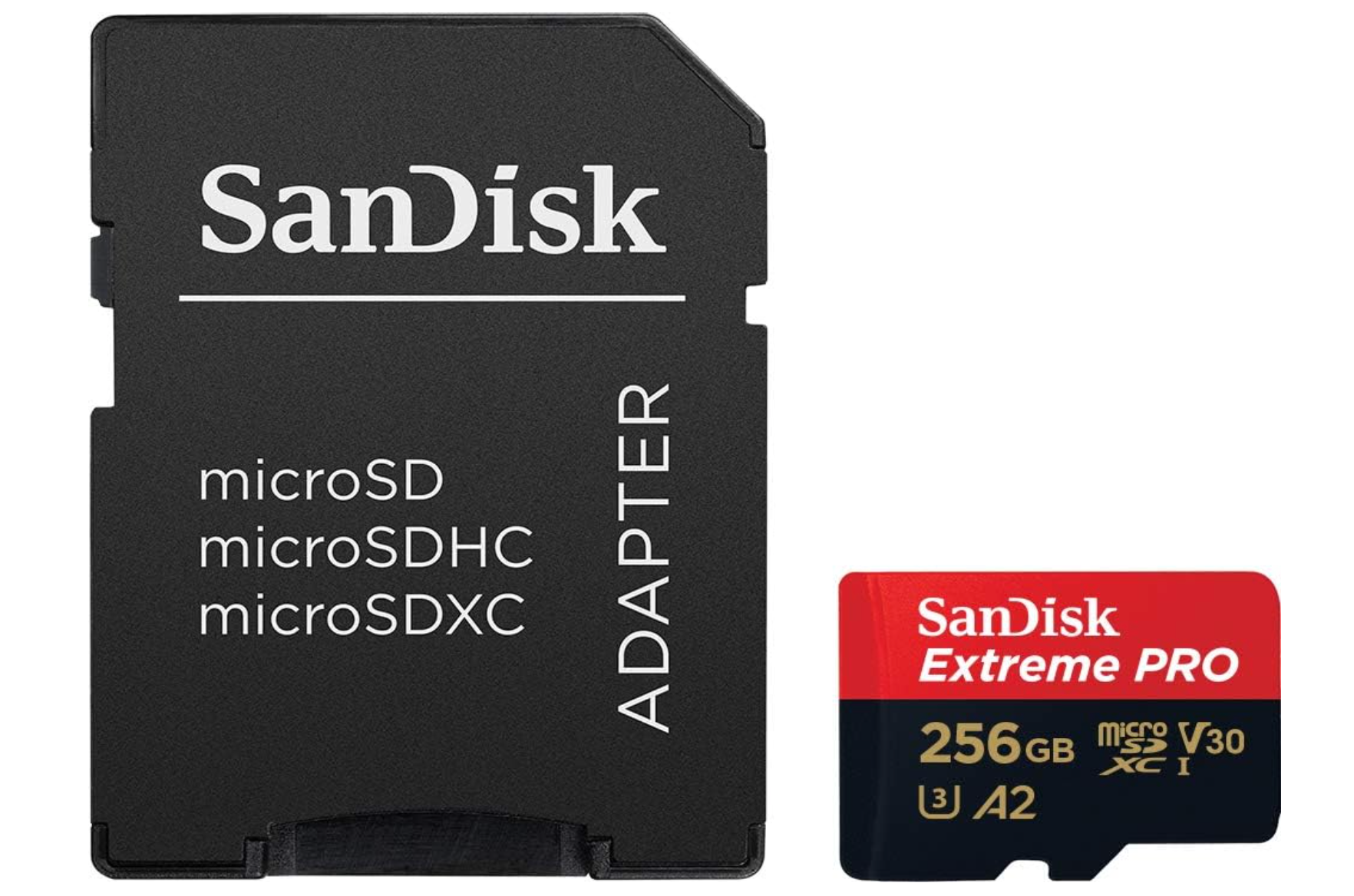 Карта памяти SanDisk Extreme Pro, microSDXC, 256 ГБ, A2, V30, U3, C10, +SD адаптер (SDSQXCD-256G-GN6MA)