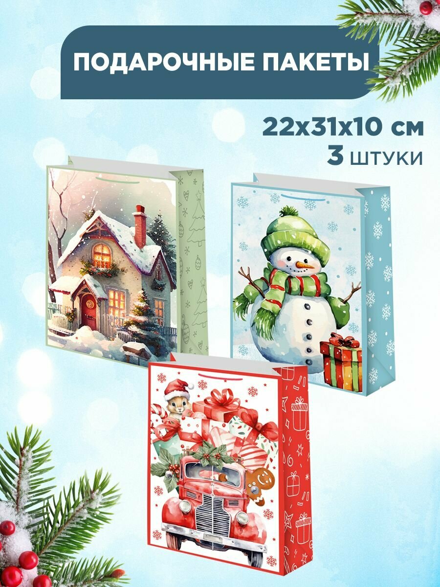 Подарочный пакет на Новый Год "Красная машина с подарками", размер 22х31х10 см, набор 3 штуки