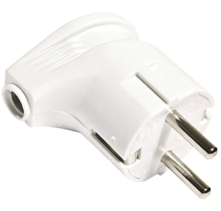 Вилка электрическая UNIVersal / Юниверсал угловая с заземляющими контактами из АБС-пластика, белая, степень защиты IP20, 250В, 16А / электрика