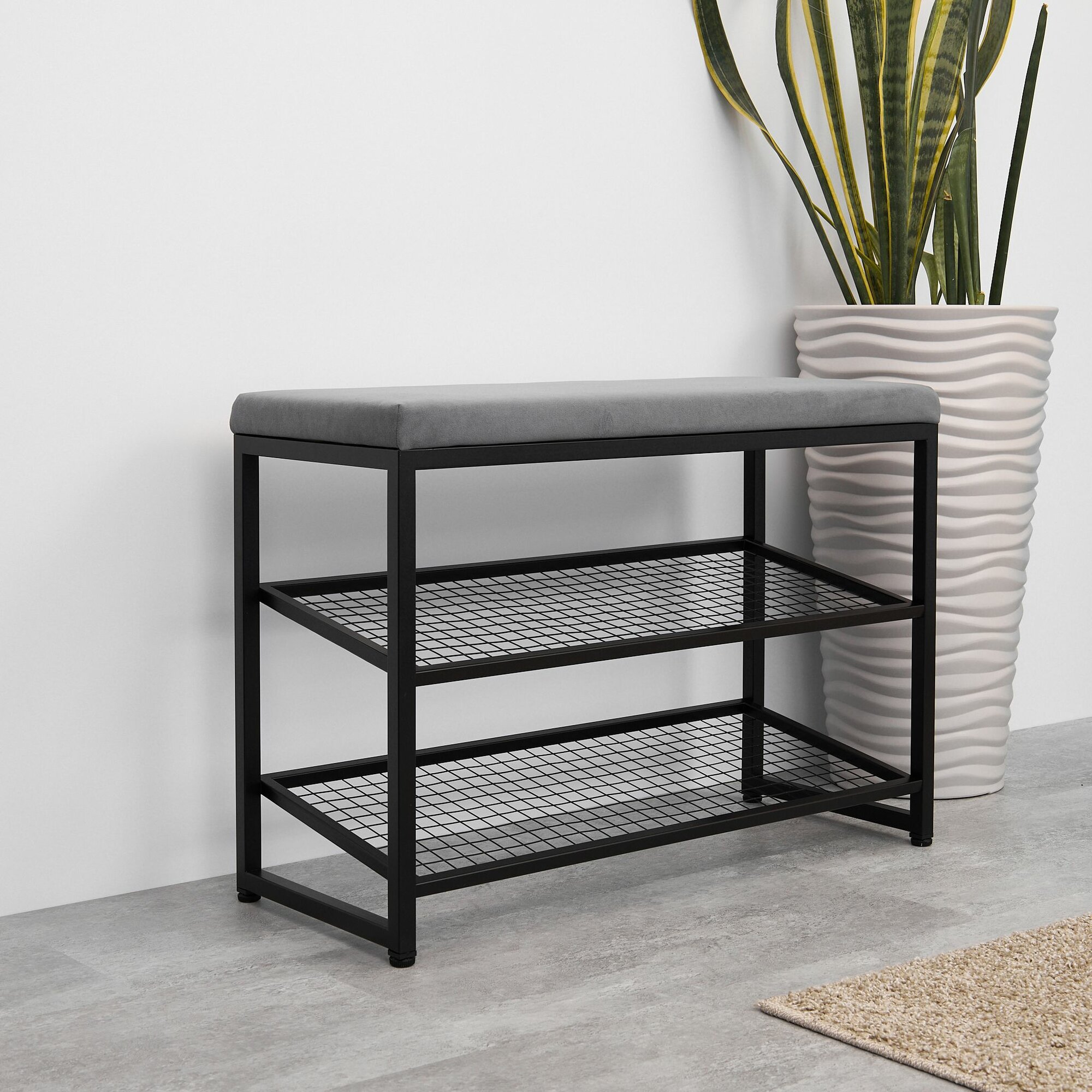 Обувница с мягким сиденьем "Энни" / 65х30х52см / черный каркас - темно-серый велюр