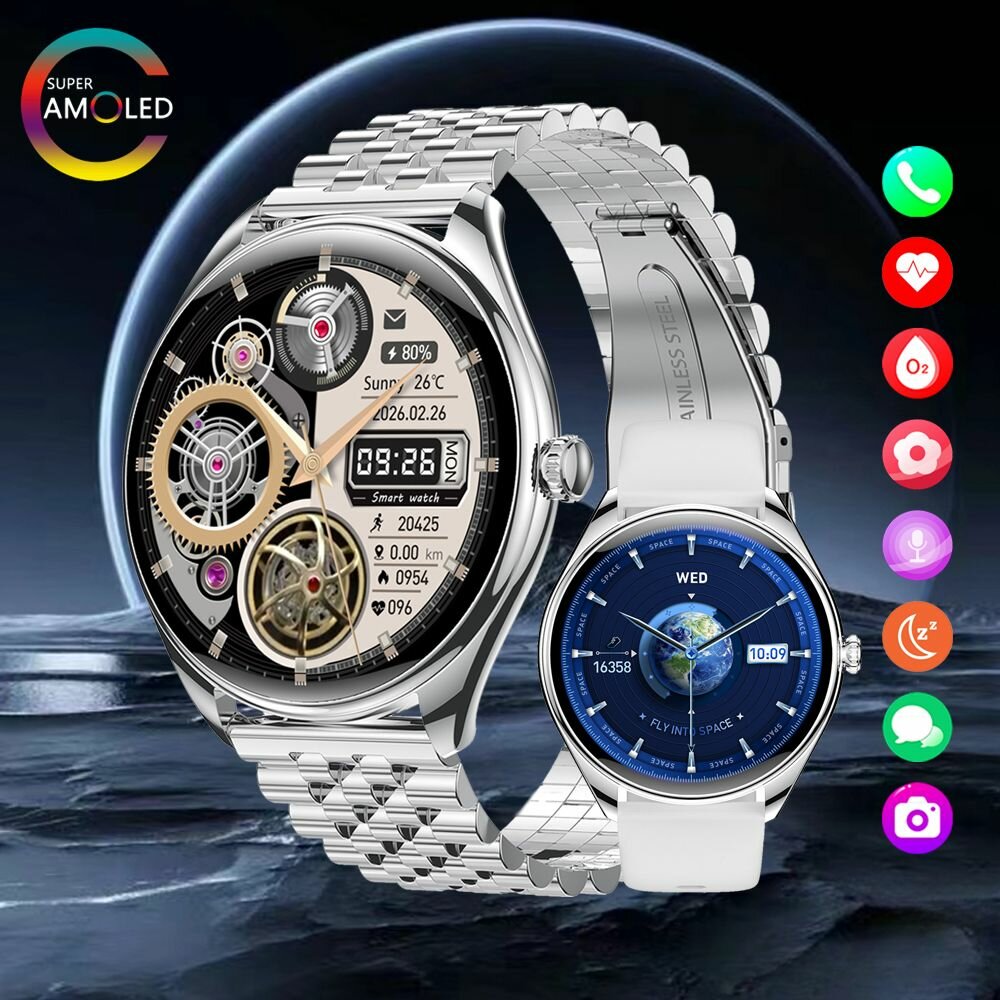 2024 Ультратонкий Cмарт часы женские мужские круглые золото, с функцией вызова по Bluetooth, амолед, на андроид/IOS, частота пульса,