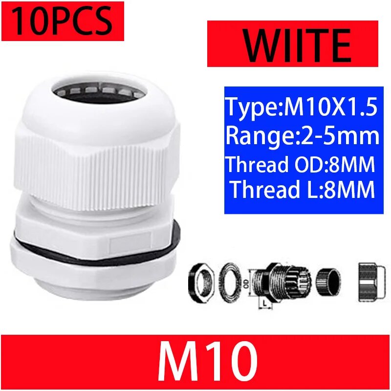 Водонепроницаемые кабельные вводы нейлон M8-M32 IP67 M10 White