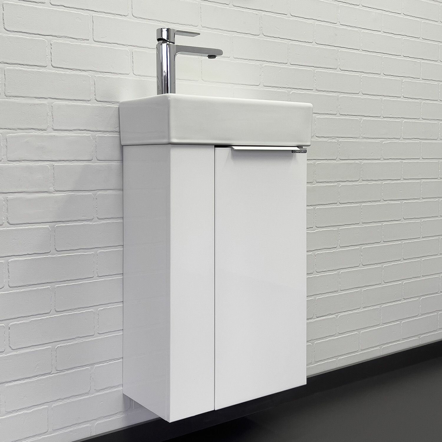 Компактная подвесная тумба с раковиной 40 см Comforty Асти-40 белый глянец для гостевых санузлов