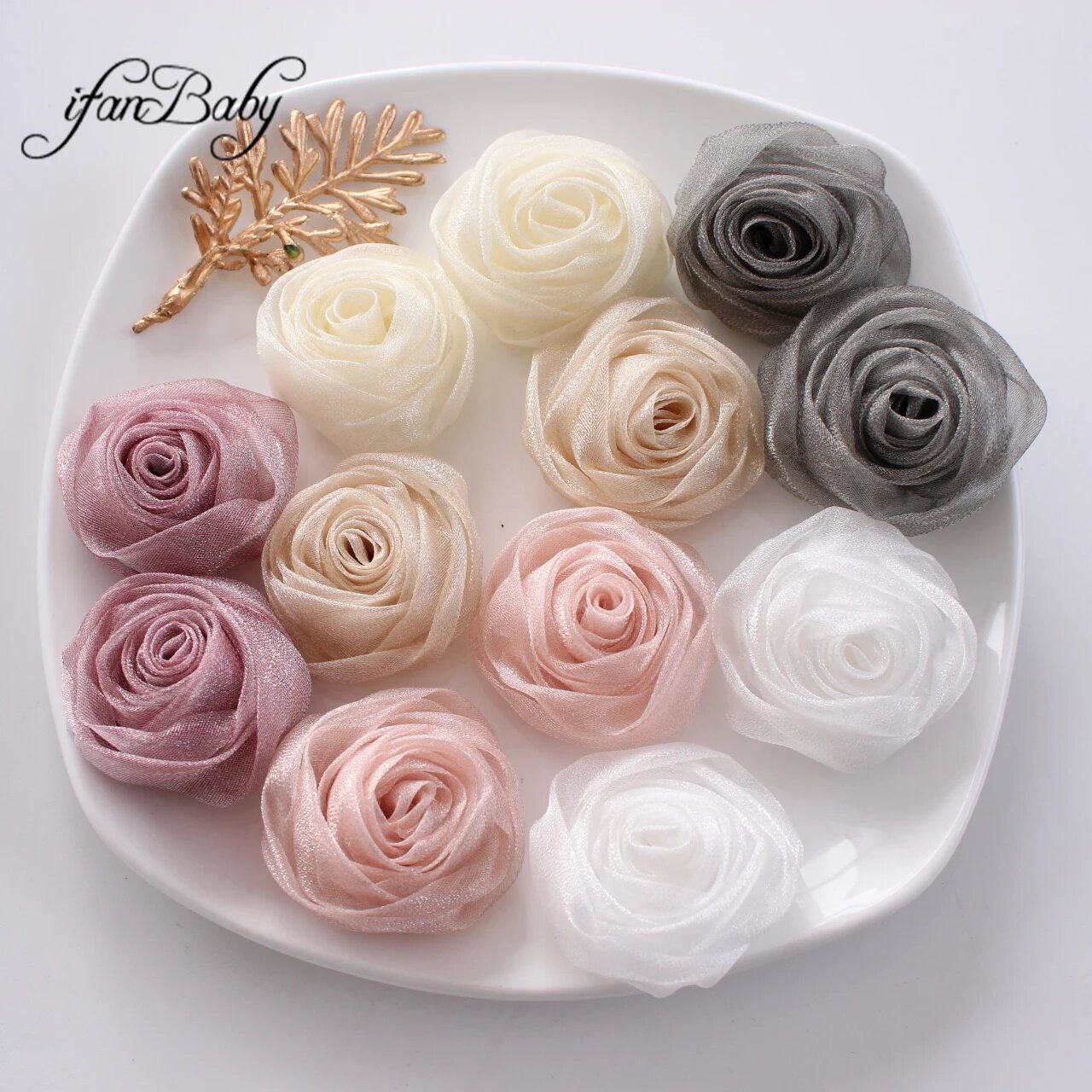 Розы из органзы для волос, Mix 10 pcs