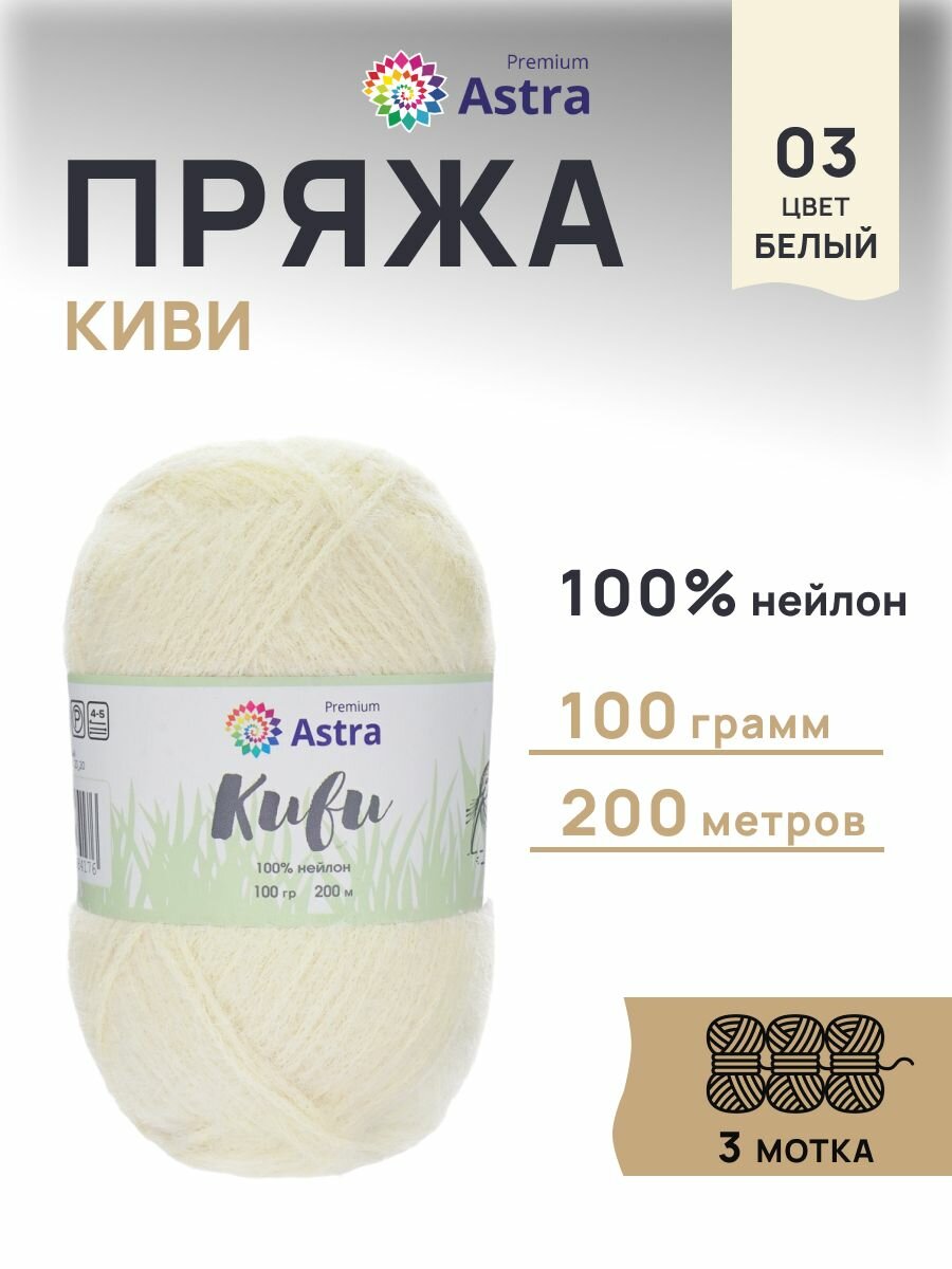 Пряжа для вязания Astra Premium 'Киви' (Kiwi) 100г, 200м (100% нейлон) (03 белый), 3 мотка