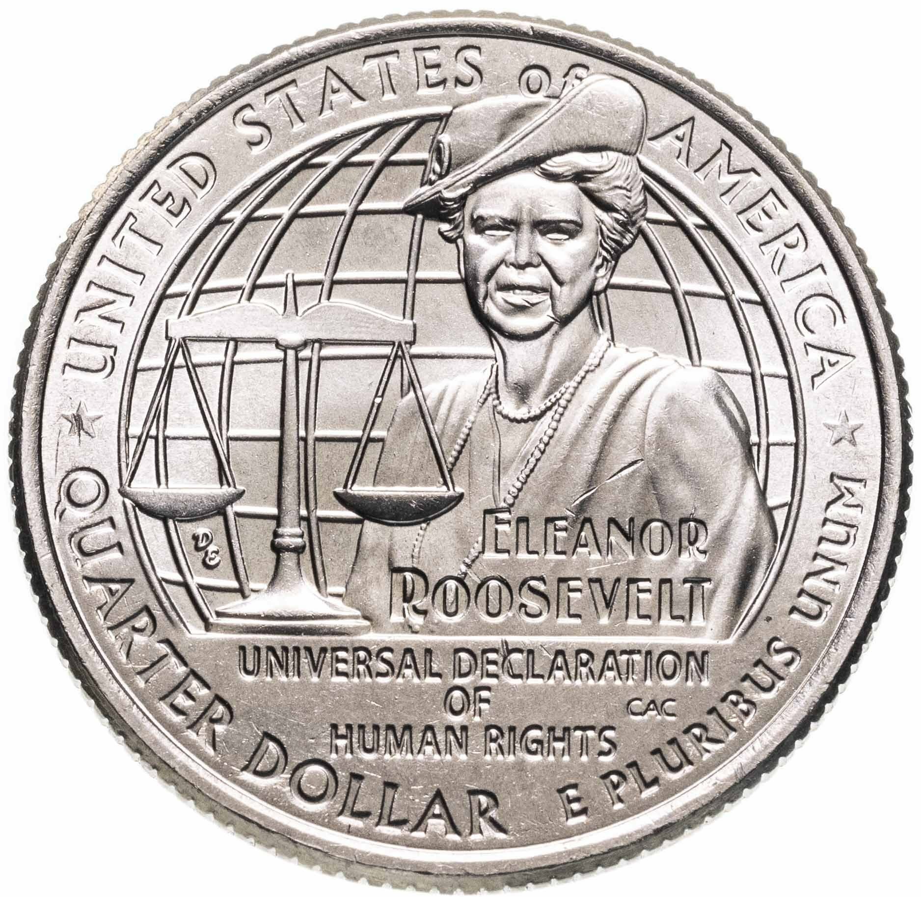 США 1/4 доллара 25 центов, квотер 2023 "Американские женщина - общественная деятельница Элеонора Рузвельт 8-я", Мельхиор медь-никель, в сохранности UNC