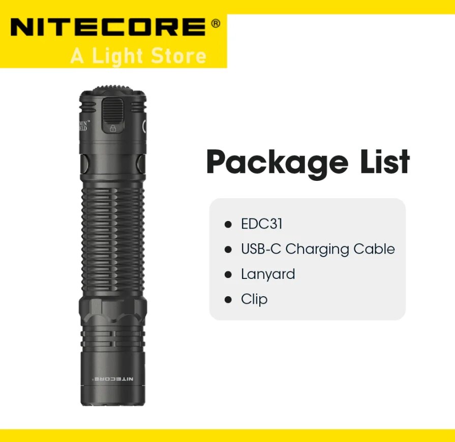 NITECORE EDC31 Фонарик UHi LED 3500 люмен USB-C Перезаряжаемый компактный тактический EDC Встроенный литий-ионный аккумулятор емкостью 3800 мАч