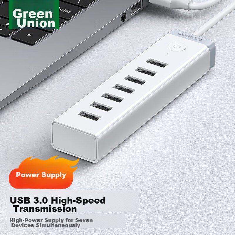 Lulian USB3.0 Hub, High-Speed 7-Port Hub Splitter Converter Expansion Dock, Suitable for Laptops, Desktop Computers, Phones, Flashing, Group Control, One-To with Power Supply 12V2A