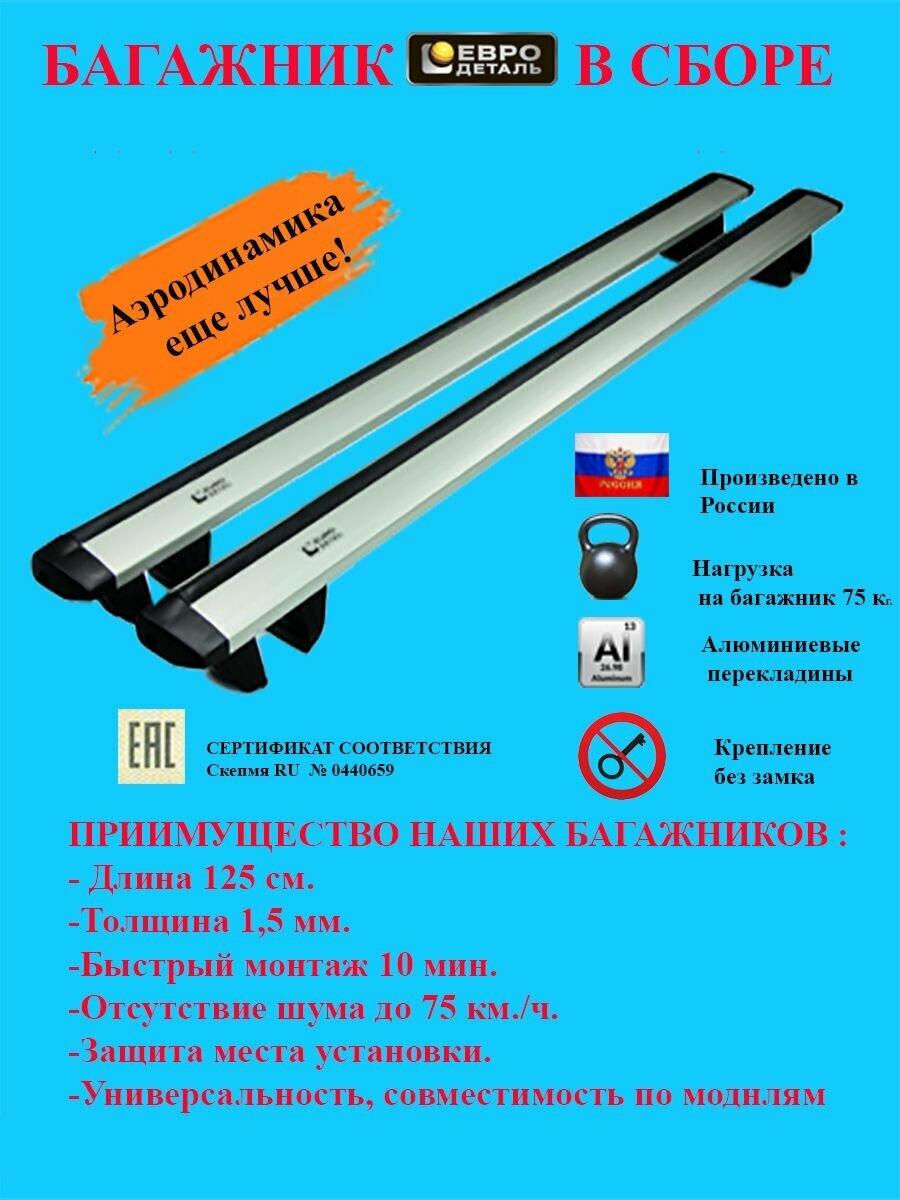 Багажник на крышу/ на рейлинги Renault Kangoo минивен 2003-2025 - Крыловидные перекладины 125 см - Евродеталь "Compact" Без замка/ автобагажник