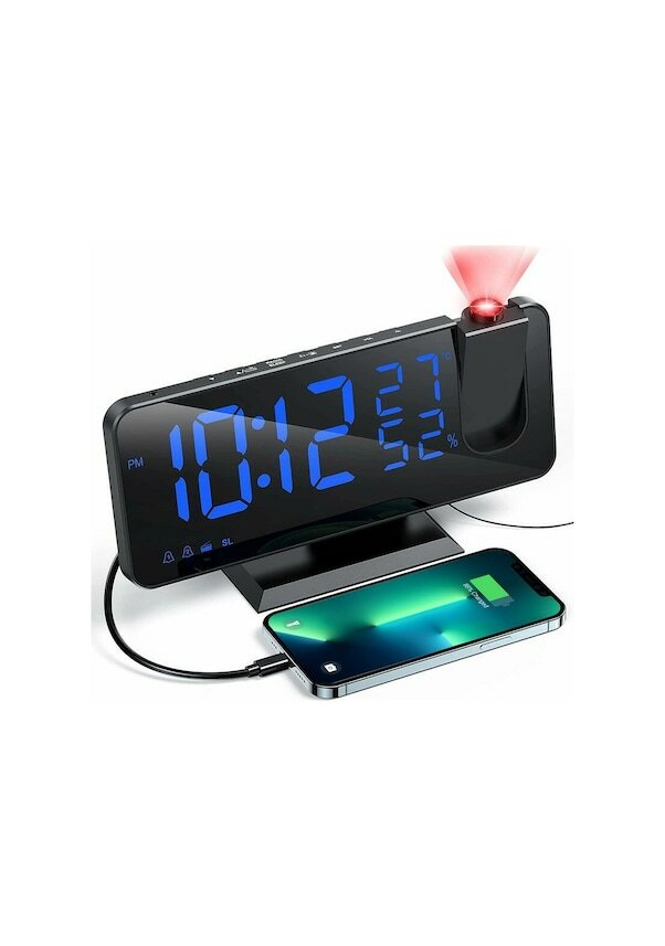 Муфунье Радёлу Проектор Часы с USB, Радио, 7 Светодиодами, Синий Экран, Двойной Будильник