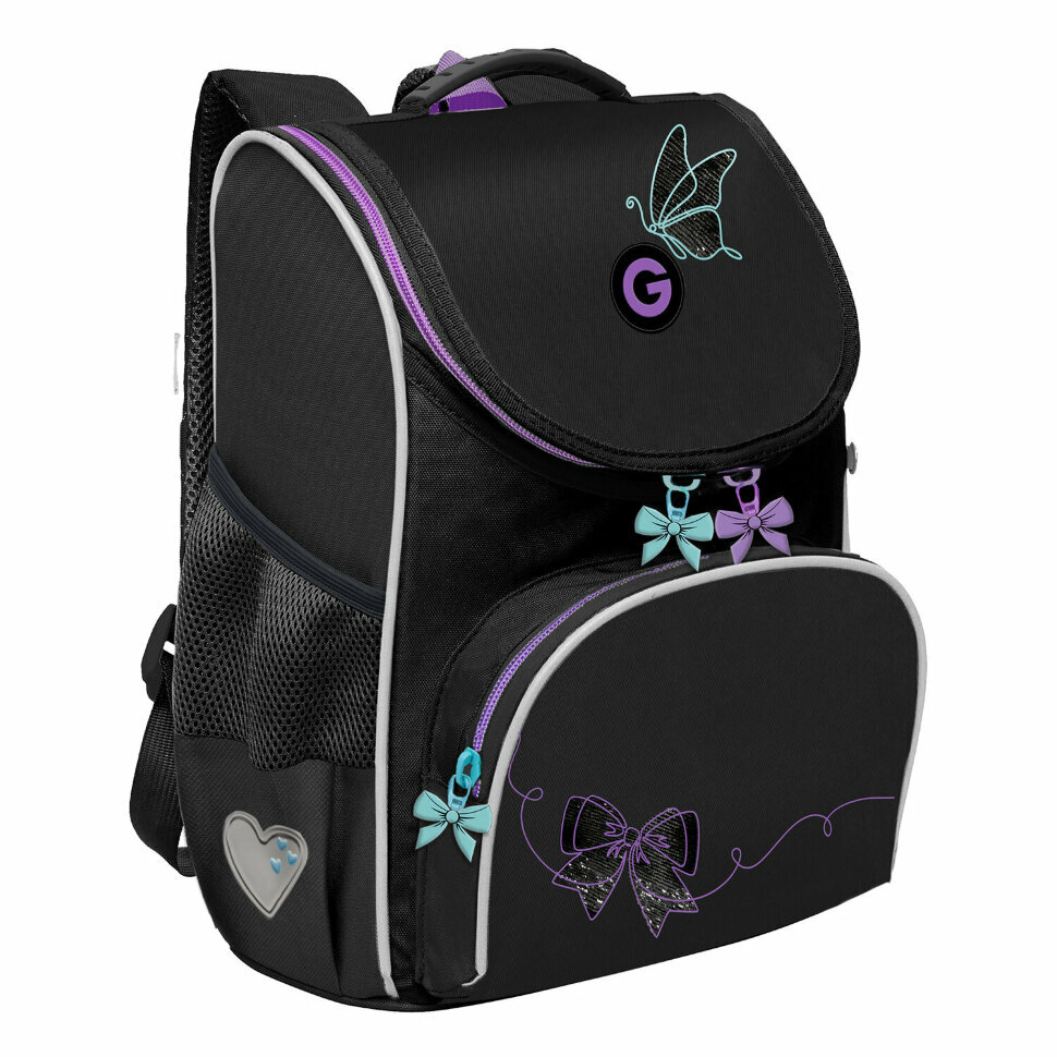 Ранец GRIZZLY анатомическая спинка, с мешком для обуви, для девочек, "BOWS", 33х25х13 см, RAm-584-8/1, 274136