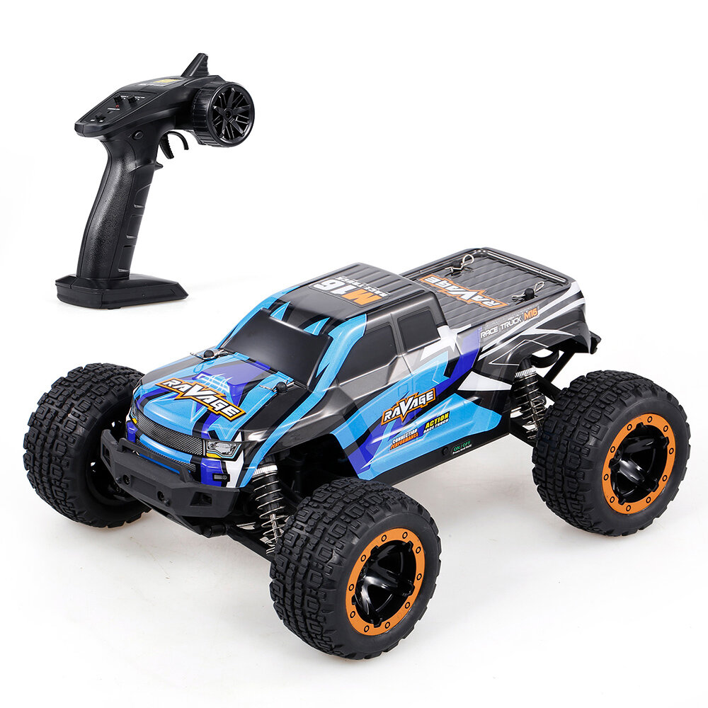 16889A 1/16 RC Car 45km/h Brushless Motor 4WD RC Race Truck Car Big Foot Off Road Car Toy for Adult Kids Orange Blue 2.4GHz 120m 7.4V 1500mAh Li-ion Battery 27*21.5*13cm 78mm Wheel 736g 14+ Splash-proof