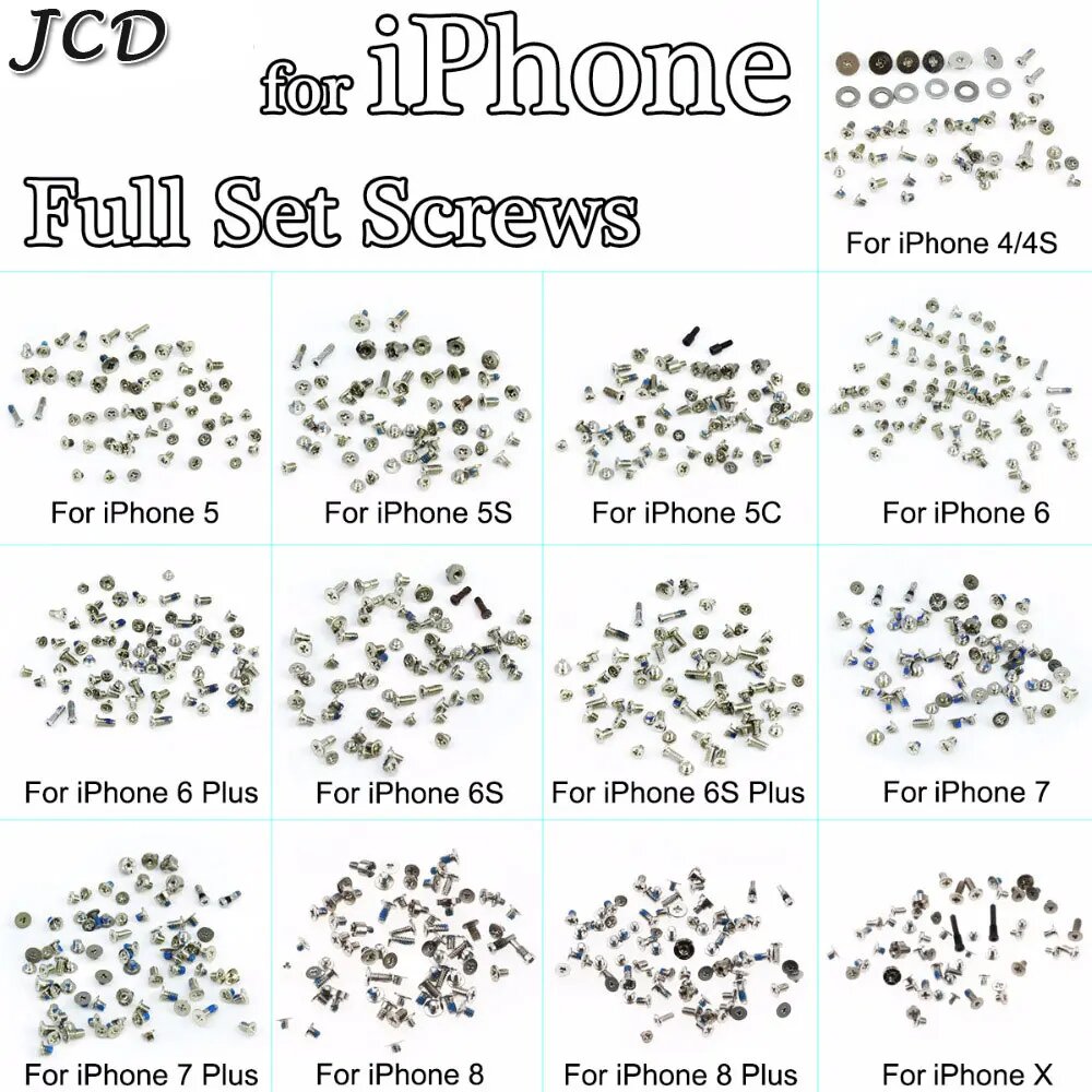 Винты JCD полный комплект винтов для iPhone 4 4S 5C 5S 6G 6s 6 7 7P 8 8 plus X ремонт болтов полный комплект запасных частей For iPhone 4 4S