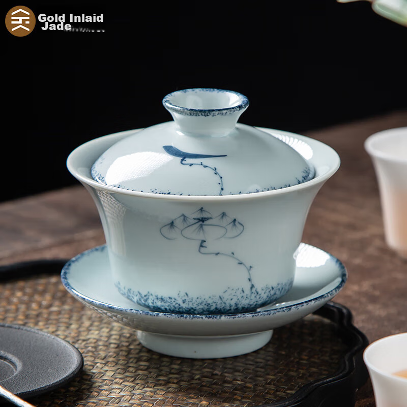 Jinxiangyu Gaiwan Tea Set, Large Blue And White Ceramic Hand-Painted Simple Non-Scalding Sancai Blue Gaiwan