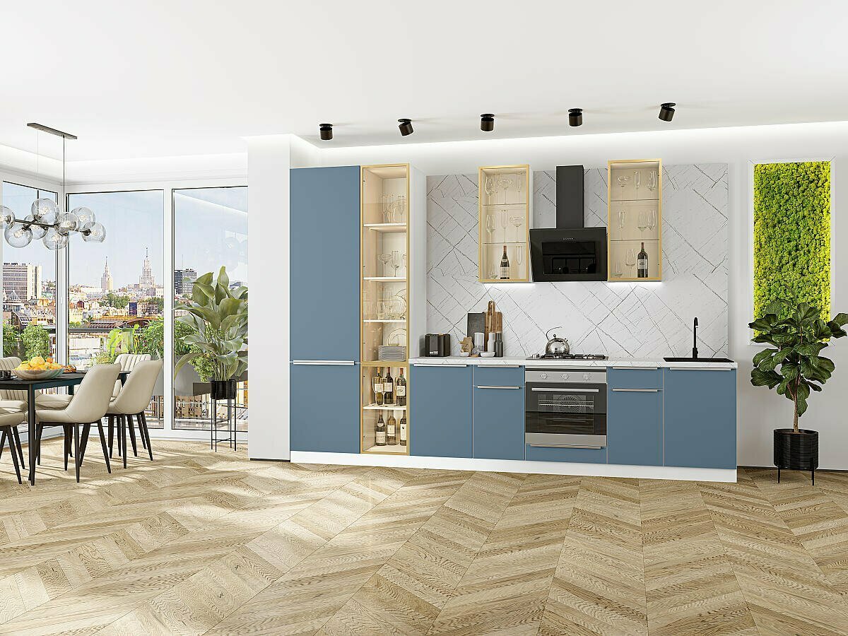 Кухонный гарнитур 3,4 м Мебель-МСК Фьюжн-08 Silky Blue, полки стекло 234х340х60 см