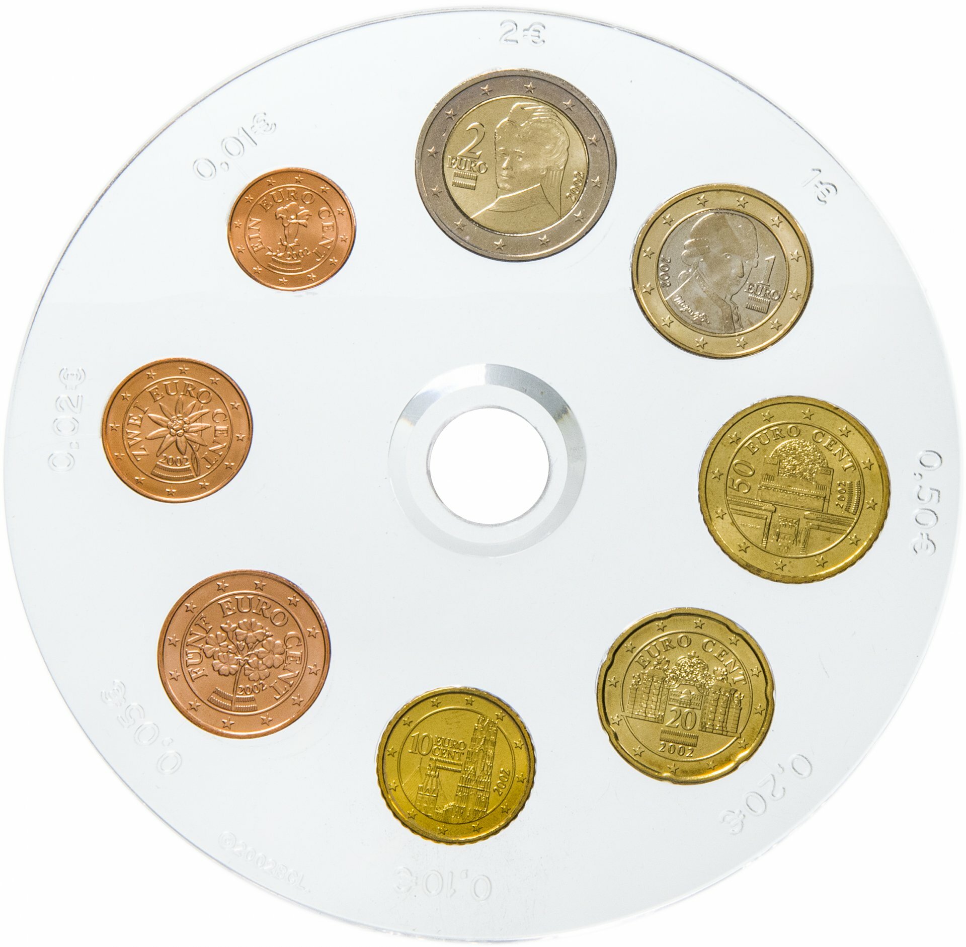 Австрия 2002 набор из 8 монет евро в официальном буклете, Биметалл, в сохранности UNC