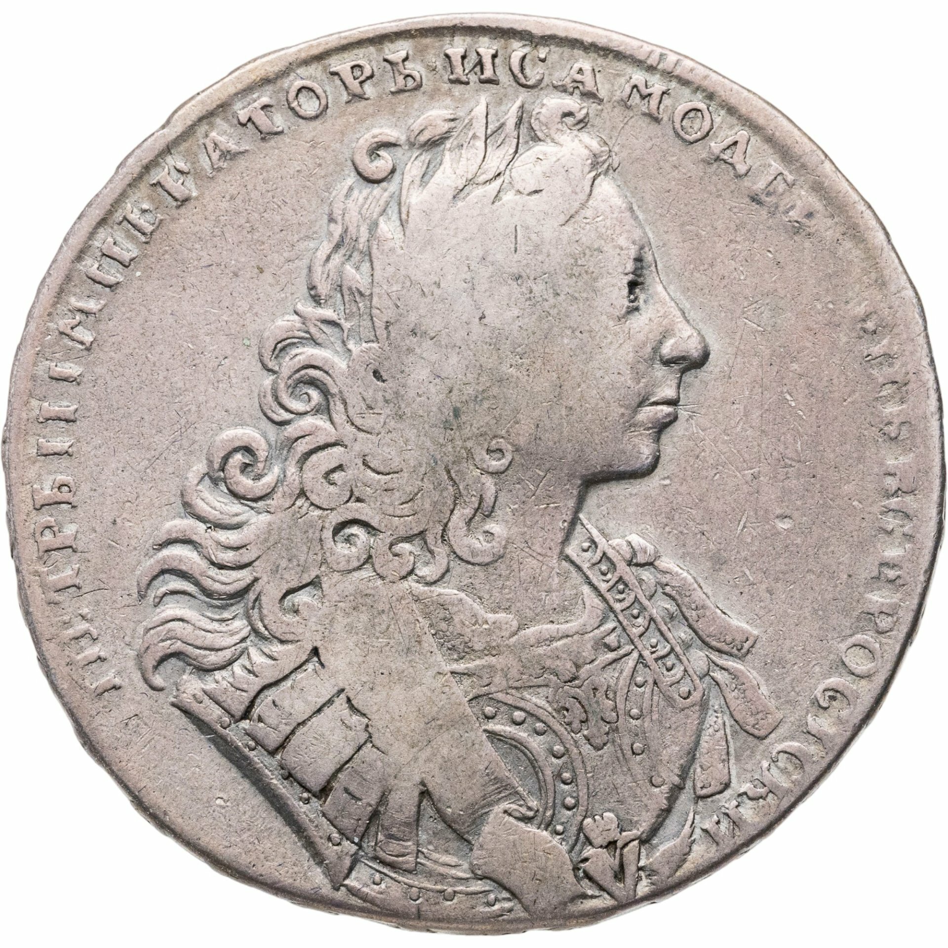 1 рубль 1729 тип 1729 года, портрет с орденской лентой лисий нос, с заклепками над обрезом рукава, Серебро 728, в сохранности F