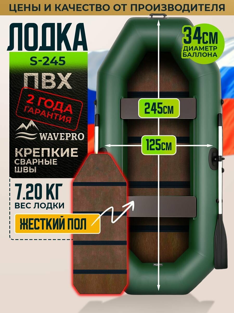 WavePro Лодка ПВХ надувная двухместная для рыбалки + сплошной ПОЛ 245 см, зеленый