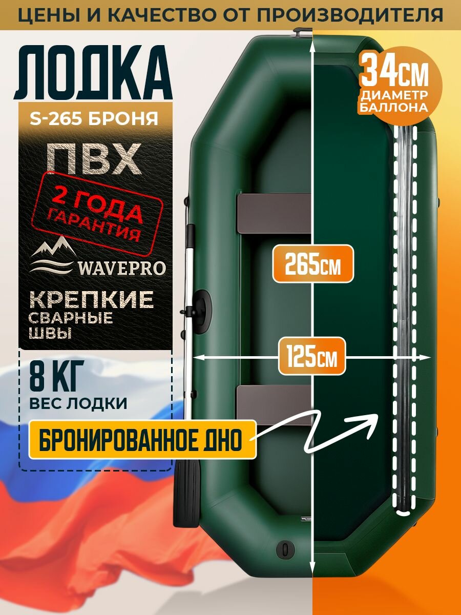 WAVEPRO Лодка надувная ПВХ для рыбалки + бронированое дно 265 см, зеленый