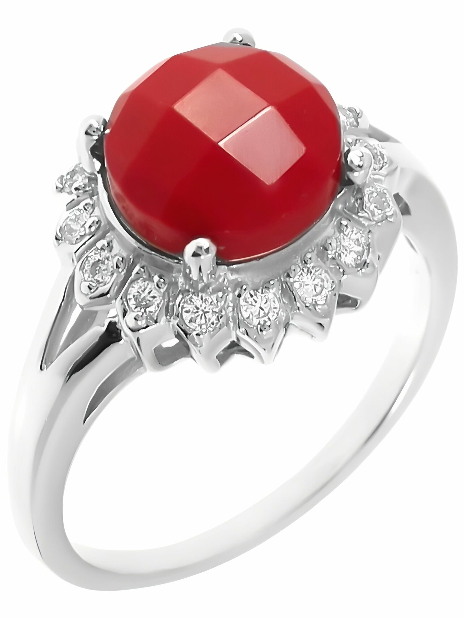 Кольцо тонкое, серебро, 925 проба, родирование, коралл, фианит