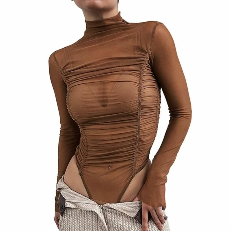 Женский обтягивающий боди из прозрачной сетки с длинными рукавами, Коричневый - L